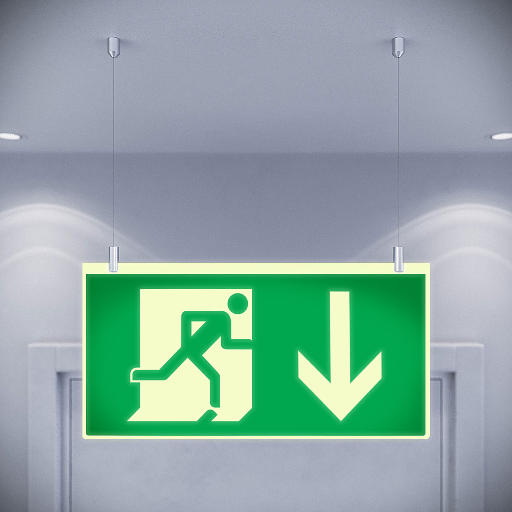 Photoluminescent Fire Exit Sign, Ceiling Suspended | BS ISO 7010 | Signbox